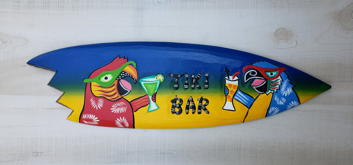 Tiki Bar Surfboard " Parrots enjoying a Cocktail – Tiki Decor Plus